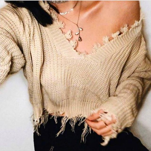 Loose Ripped V Neck Sweater KHAKI: Sweaters ONE SIZE | ZAFUL