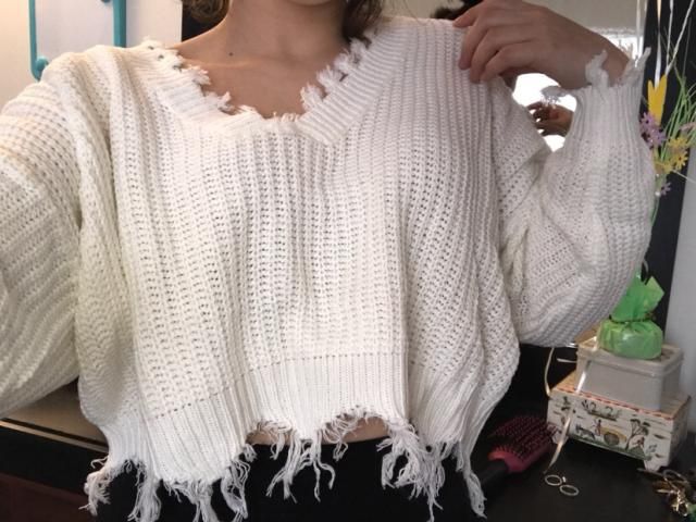 Loose Ripped V Neck Sweater WHITE: Sweaters ONE SIZE | ZAFUL
