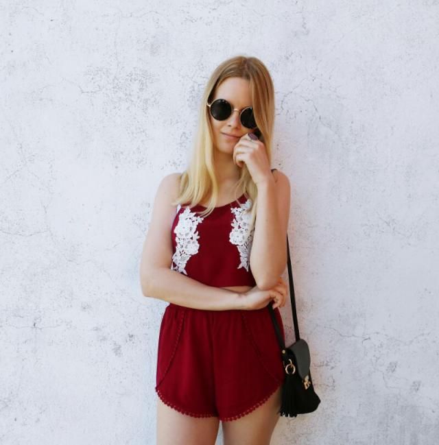 Lace Floral Halter Crop Top And Shorts WINE RED: Two-Piece Outfits M ...