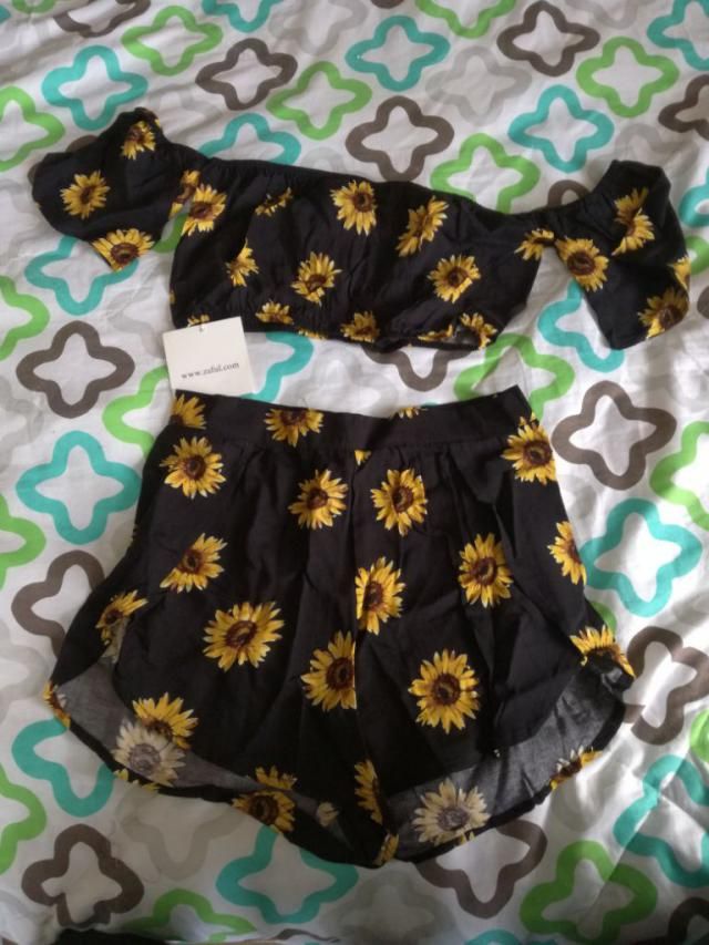 Off Shoulder Crop Top And Sunflower Shorts BLACK: Two-Piece Outfits S ...