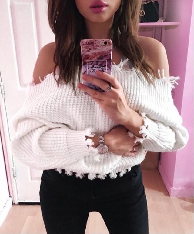 Loose Ripped V Neck Sweater WHITE: Sweaters ONE SIZE | ZAFUL