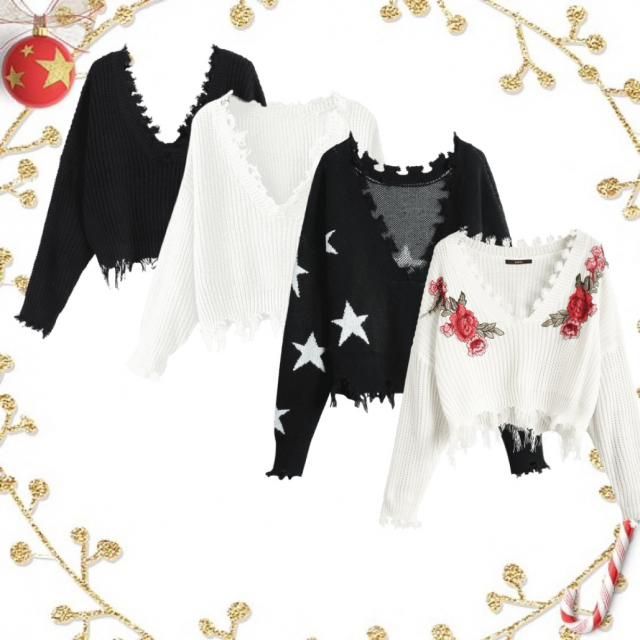 [47% OFF] 2018 Loose Ripped V Neck Sweater In WHITE ONE SIZE | ZAFUL